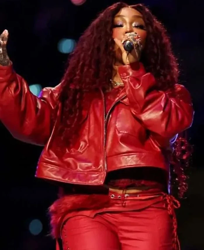 SZA Super Bowl LIX Red Cropped Leather Jacket | Trendy Leather Jackets