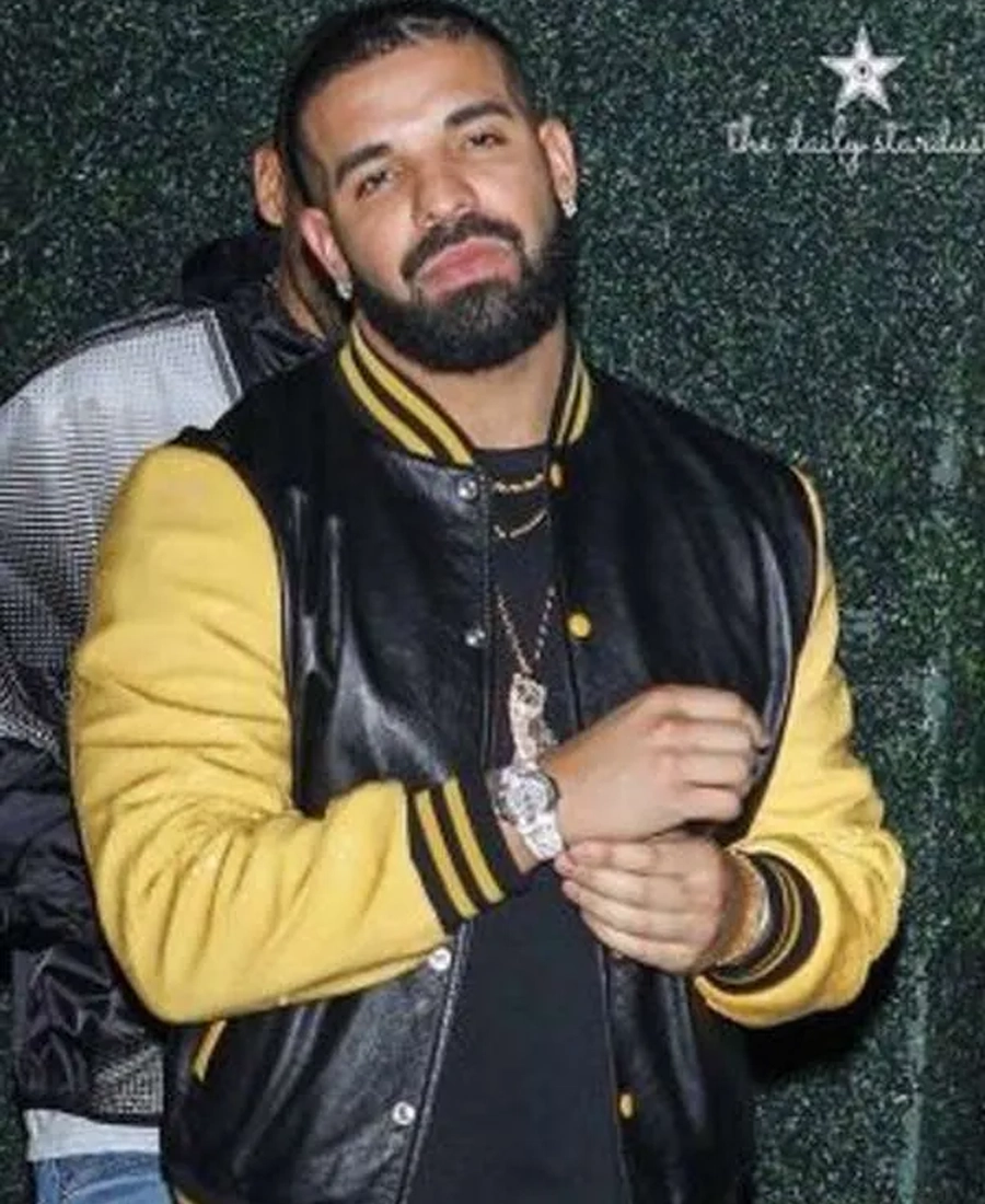 Drake Black & Yellow Leather Varsity Jacket | Trendy Leather Jackets