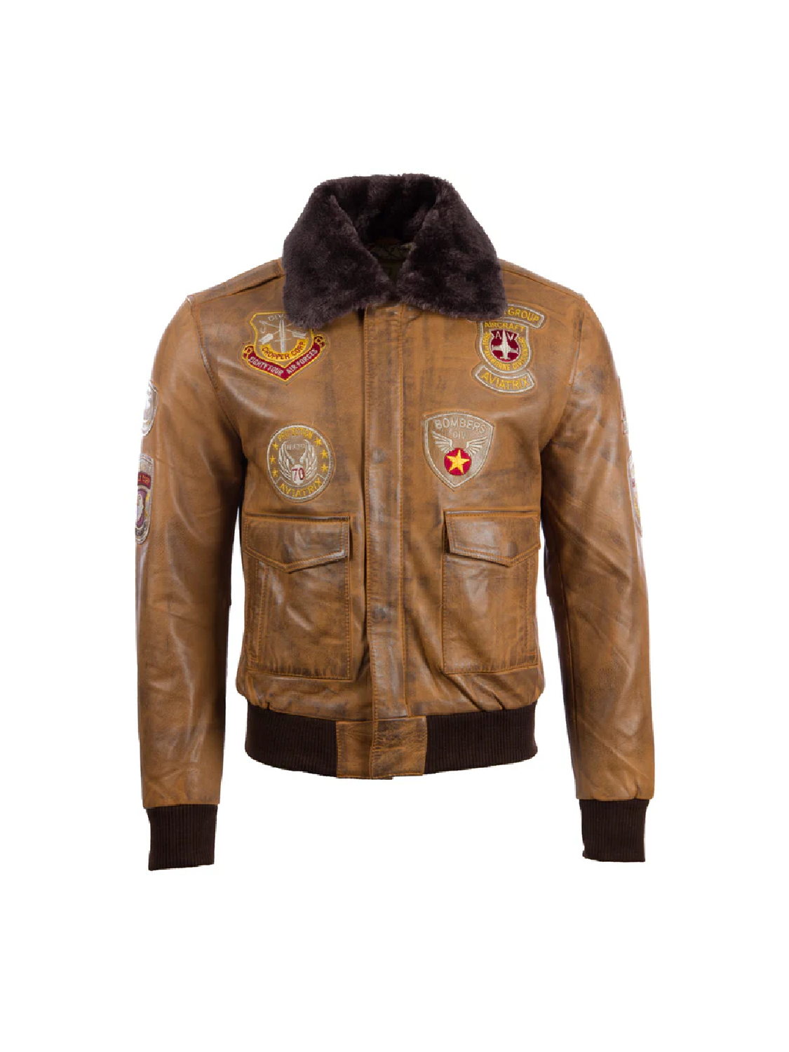 Devin Aviator Tan Bomber Brown Leather Jacket With Patches | Trendy ...