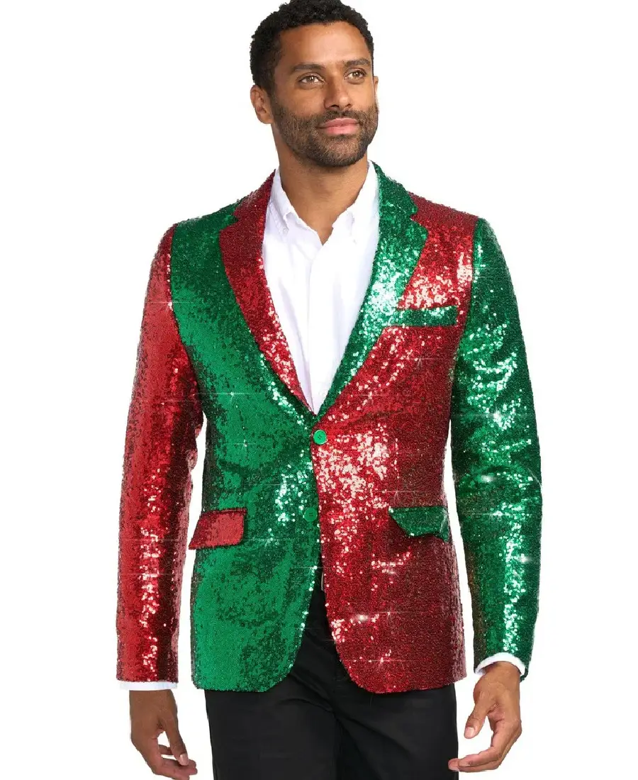 Men's Red And Green Sequin Blazer | Trendy Leather Jackets