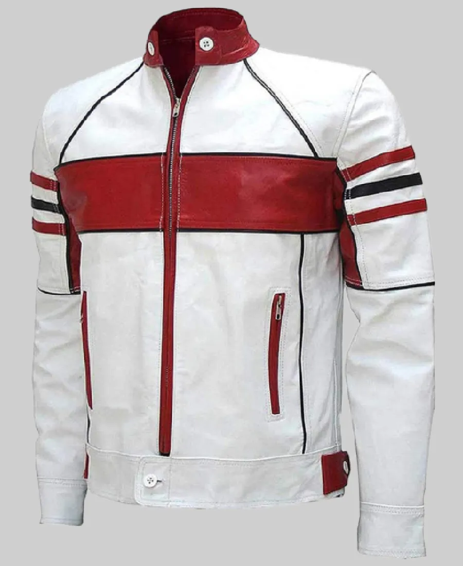 Men’s White And Red Cafe Racer Jacket | Trendy Leather Jackets