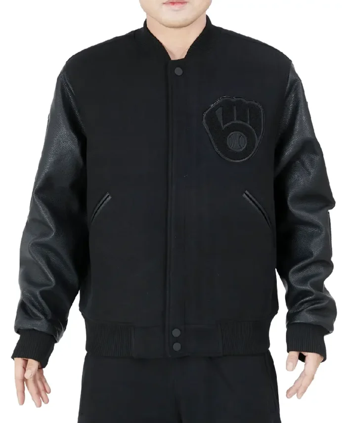 MLB Milwaukee Brewers Triple Black Varsity Jacket | Trendy Leather Jackets