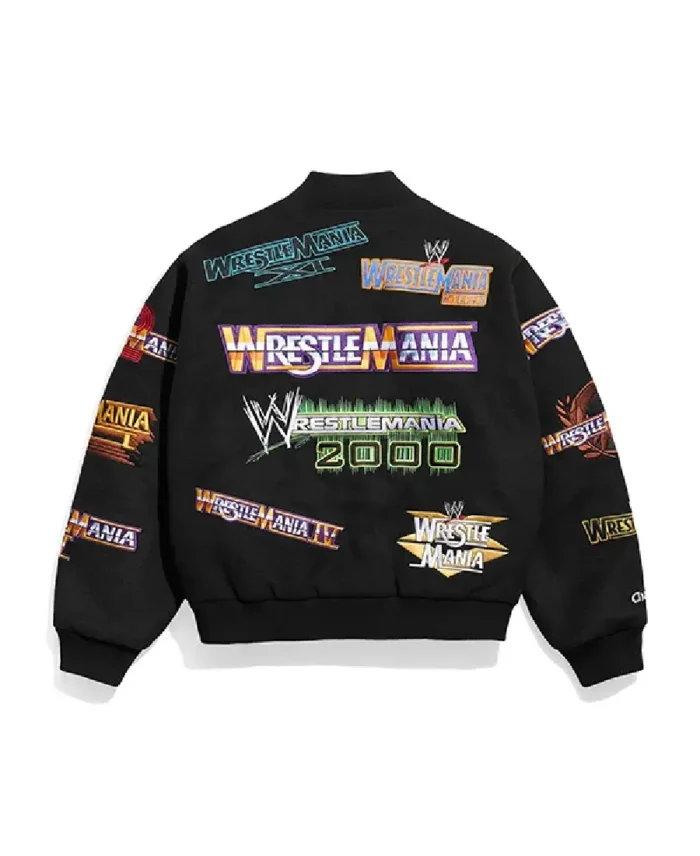 WWE WrestleMania Logos Black Varsity Jacket | Trendy Leather Jackets