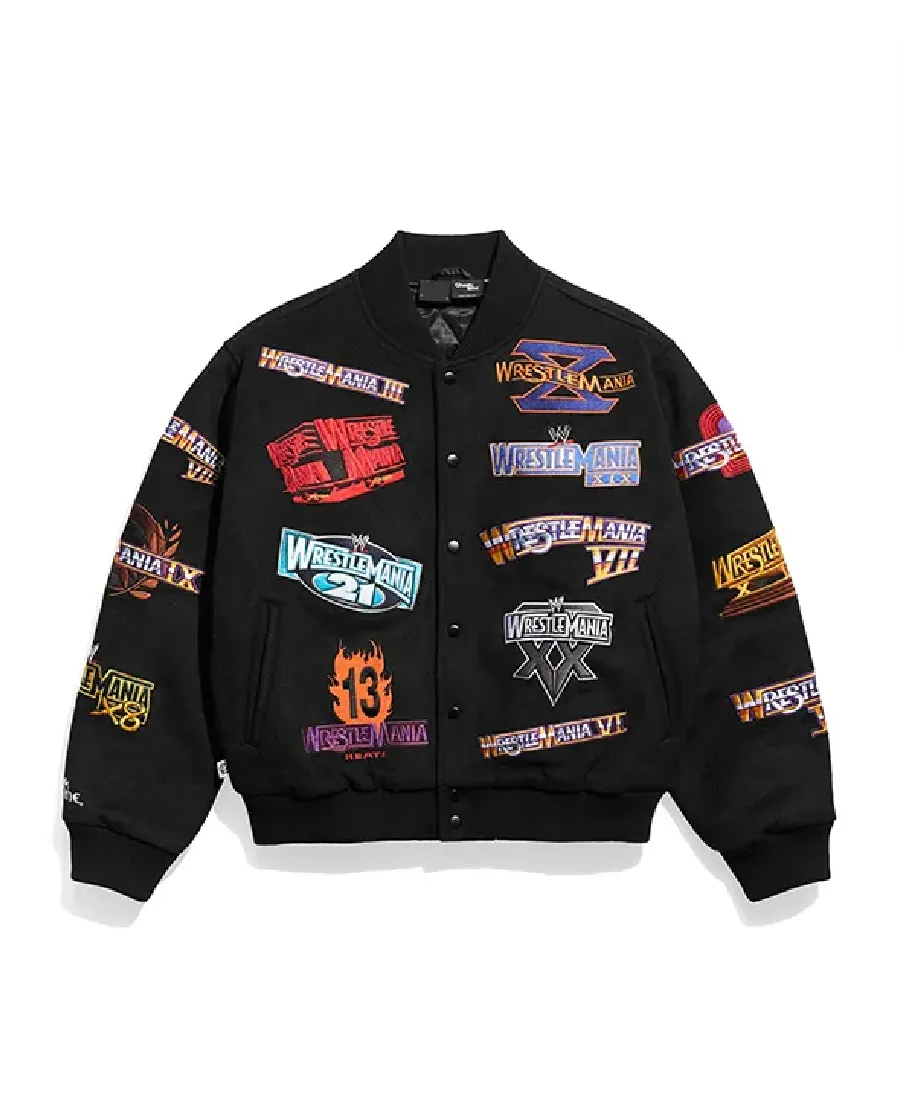 WWE WrestleMania Logos Black Varsity Jacket | Trendy Leather Jackets